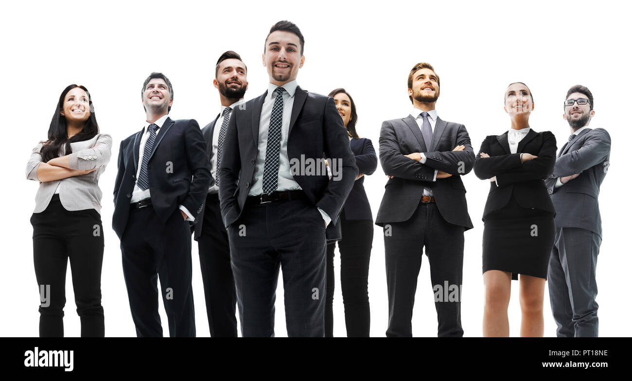 Portrait of friendly business team standing in isolation Stock Photo ...
