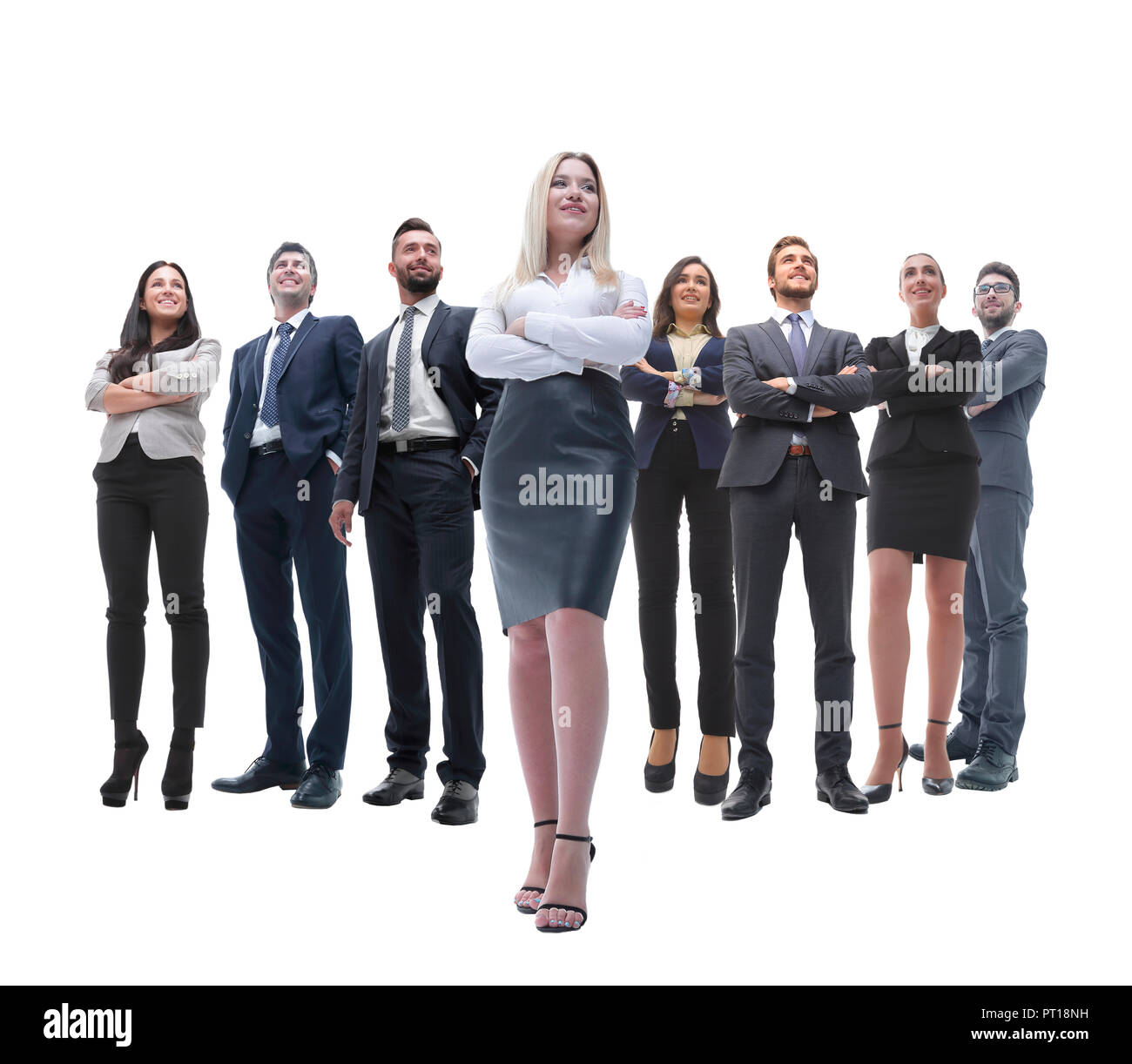 Portrait of friendly business team standing in isolation Stock Photo ...