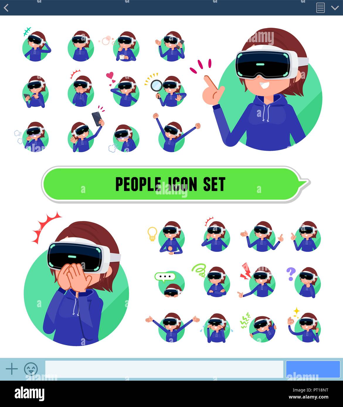 A set of women wearing virtual reality goggles with expresses various ...