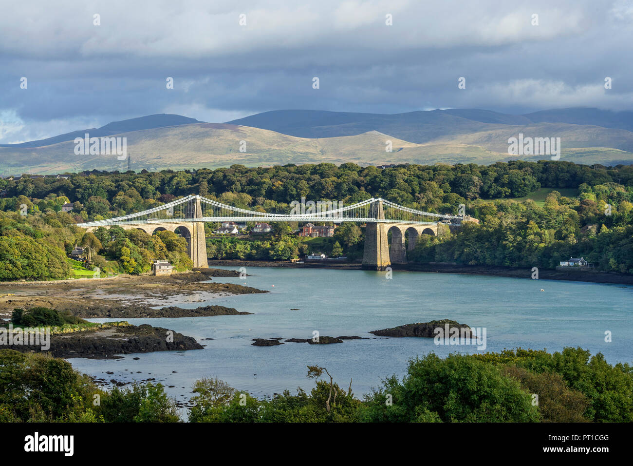Menai Suspension Bridge designed by Thomas Telford viewed from Anglesey ...