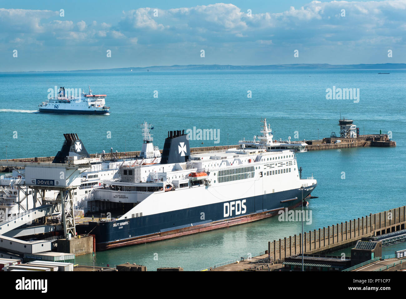 DOVER, UK - 25SEP2018: DFDS Ferry, Delft Seaways at dock with Calais ...
