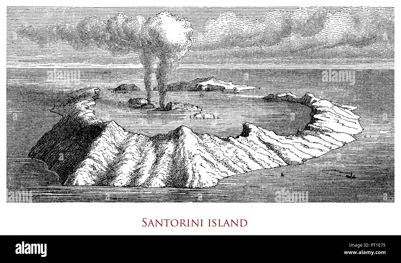 Engraving depicting the Santorini Islands volcanic caldera - Greece ...