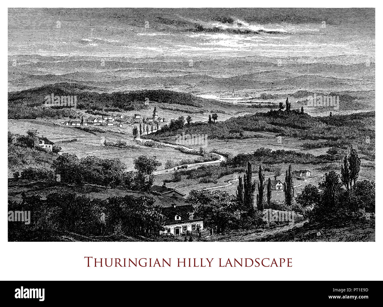 Engraving depicting an idyllic Thuringian landscape - Germany Stock ...