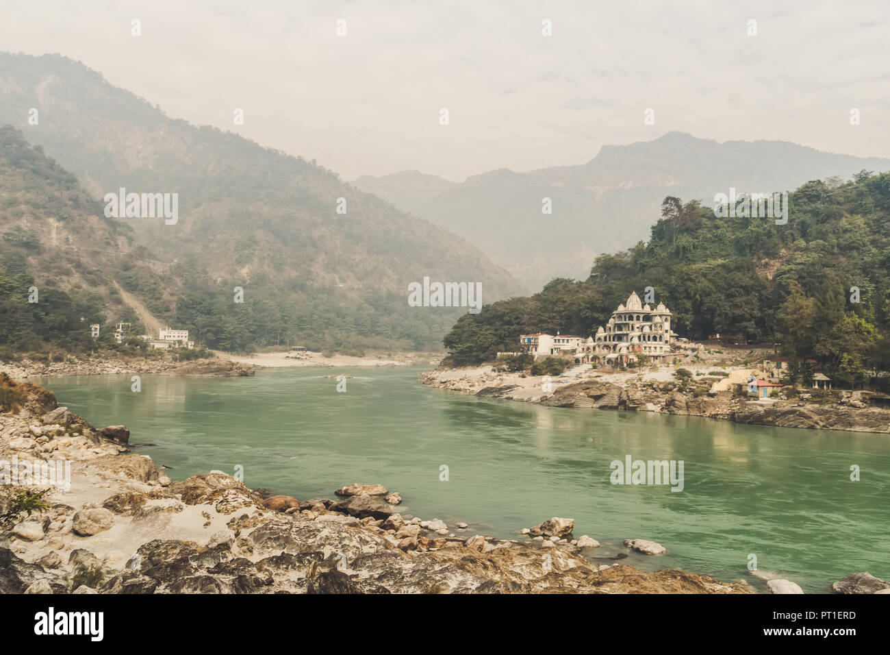 A small ancient Ashram on the Bank of the Ganges river in the Himalayas ...