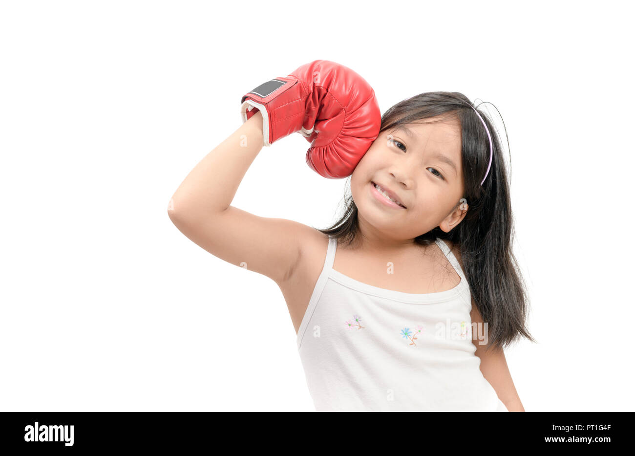 Winner boxing competition. Girl boxing gloves feels powerful. Happy ...