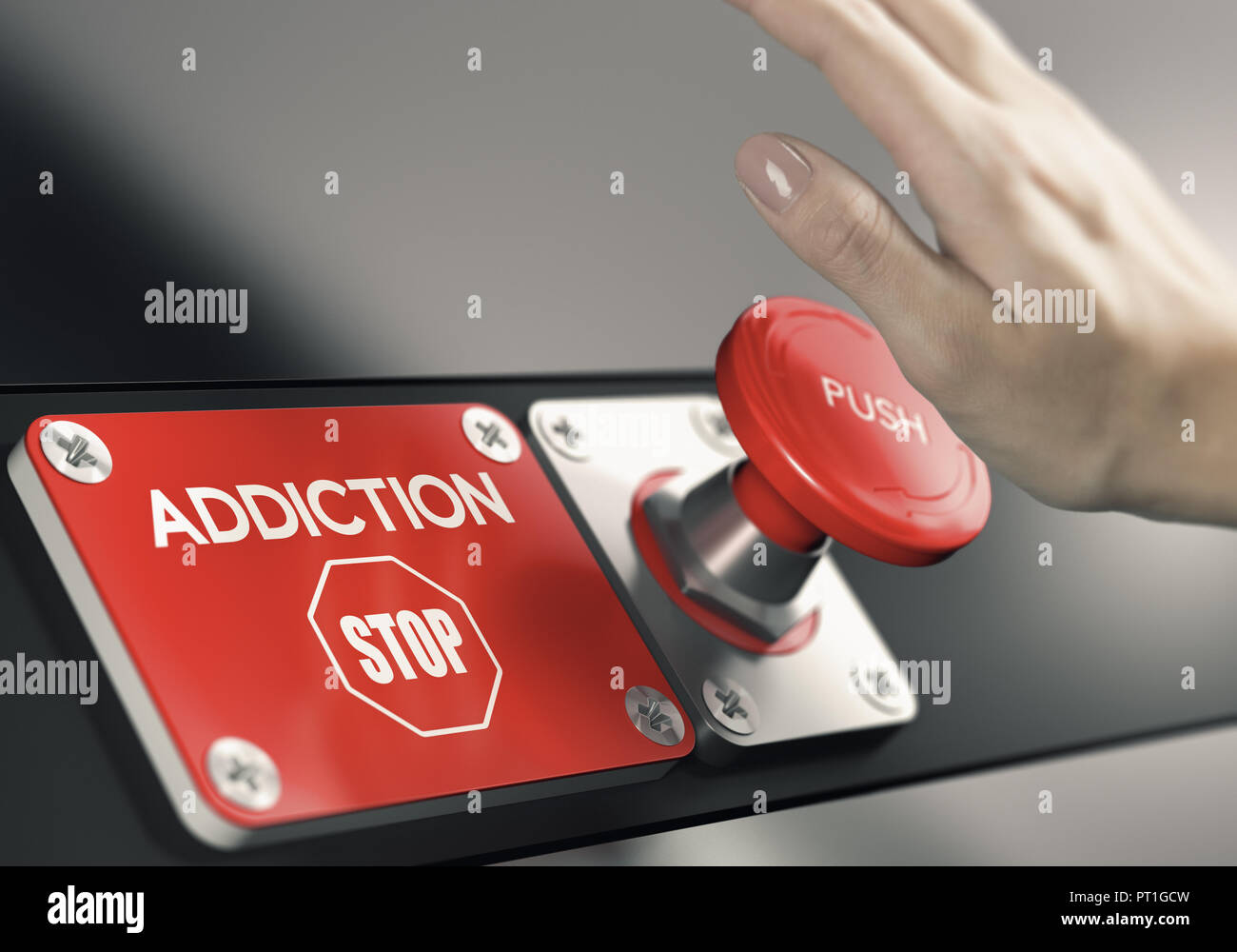 Woman hnd about to press a panic button to stop addiction. Addict's ...