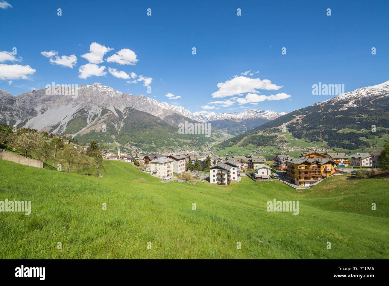 Green meadows around the village of Bormio Upper Valtellina Lombardy ...
