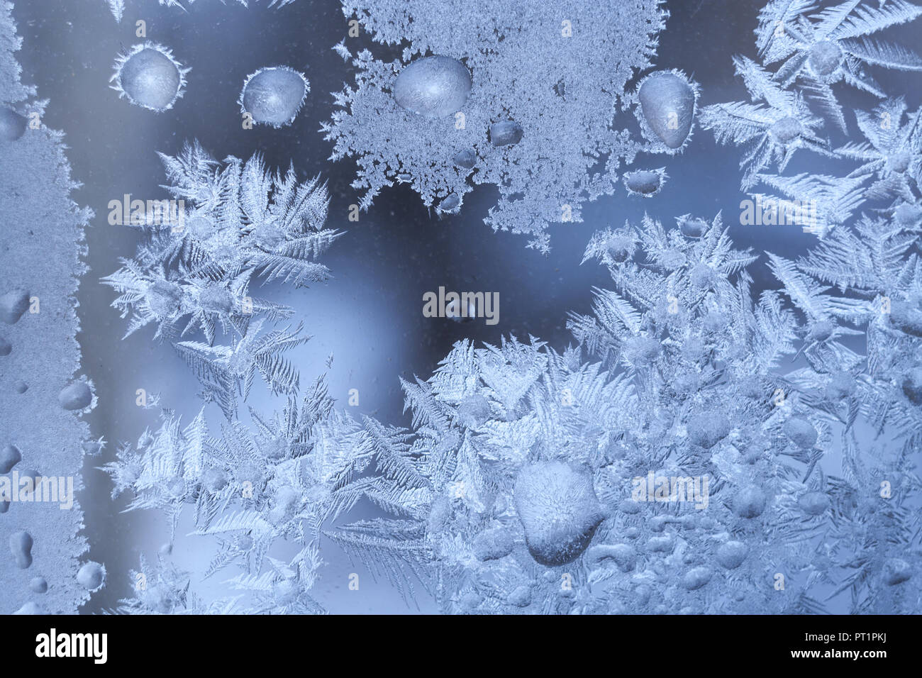 Close-up frosty pattern of snowflakes and large frozen water drops on ...