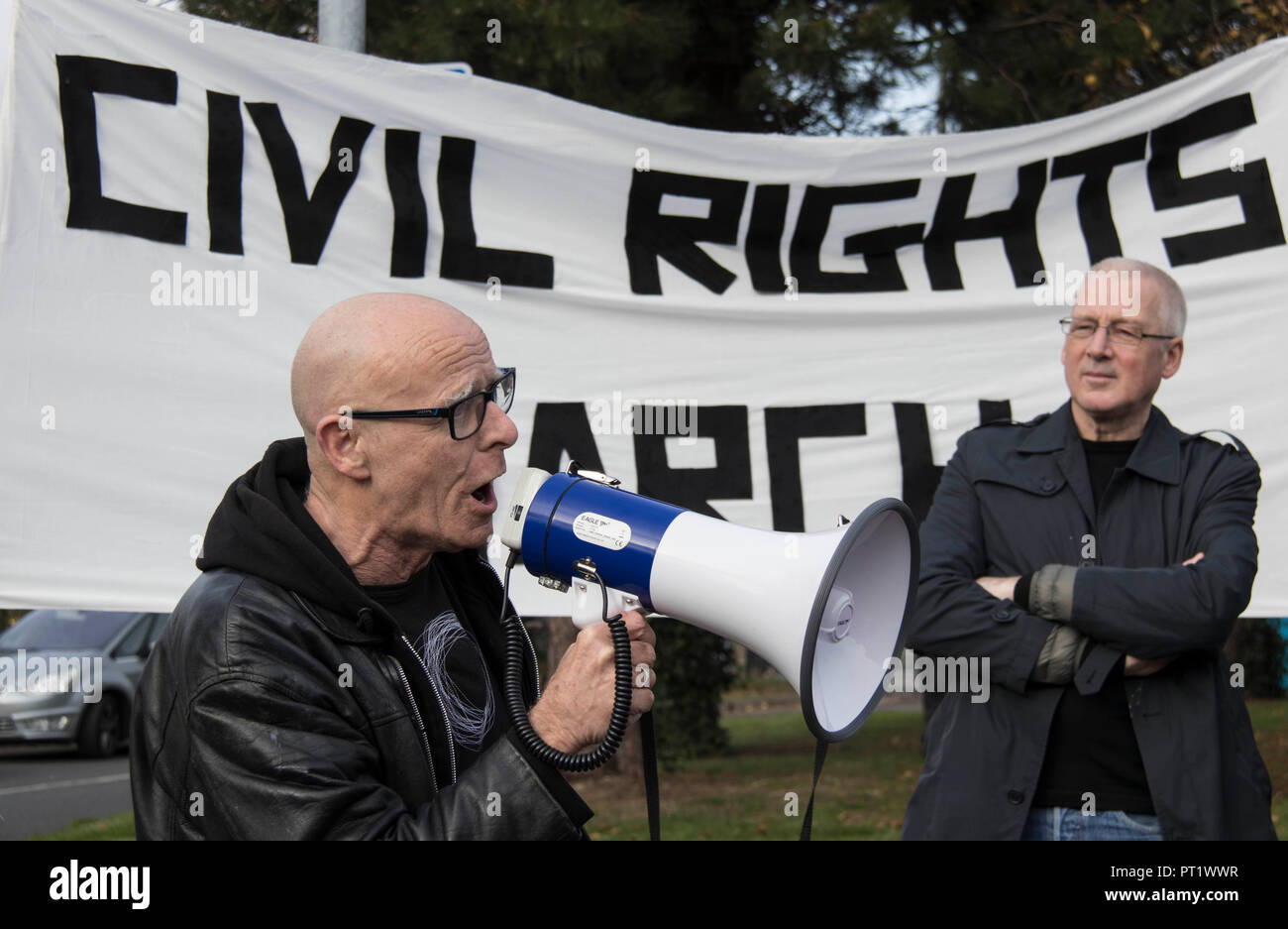 Derry, UK. 5th October 2018. Eamonn addressing the crowd at the 50th ...