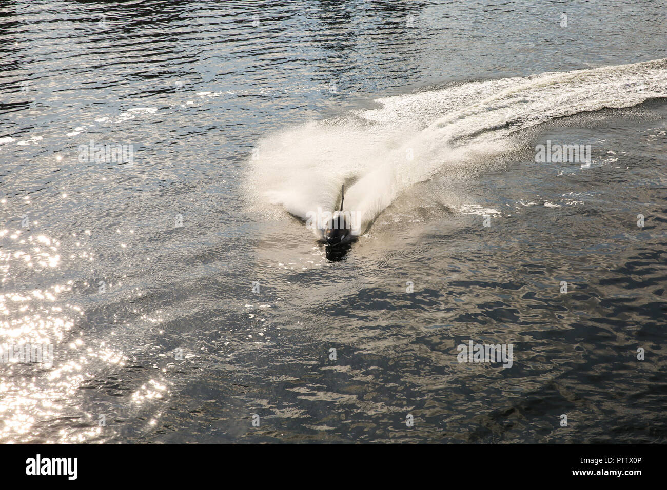 London's Royal Docks. UK 5 Oct 2018 - Man riding a whale shaped jet-ski ...