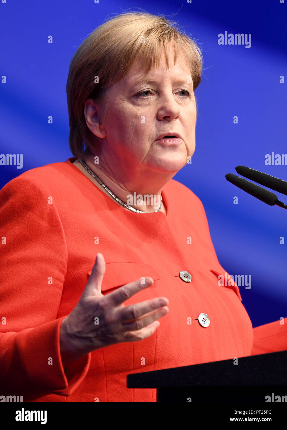 Kiel, Germany. 6 October 2018. Chancellor Angela Merkel speaking in the ...