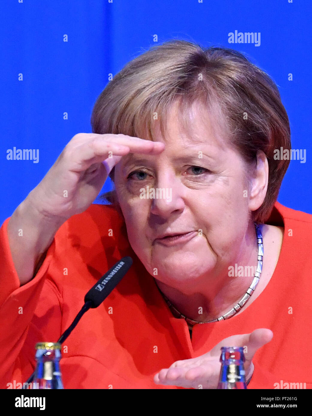 Kiel, Germany. 6 October 2018. Chancellor Angela Merkel answering ...