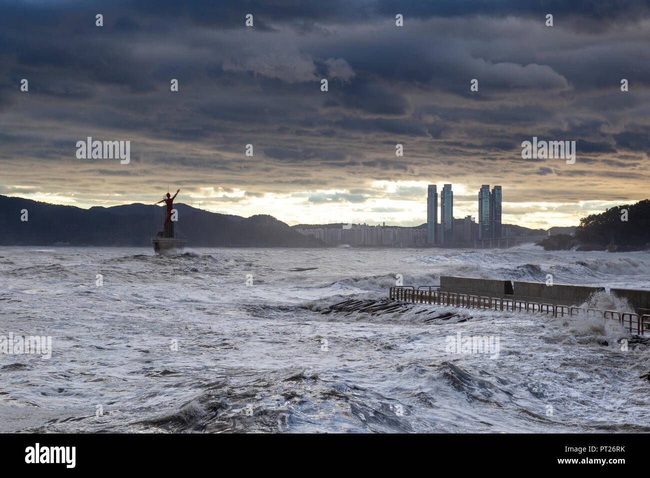 Busan, South Korea. 6 October, 2018. Waves crash over the popular ...