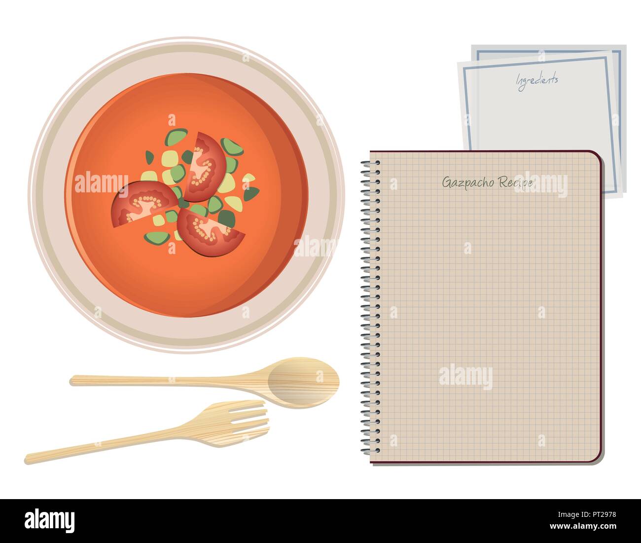 Typical Spanish food. Gazpacho. Notebook recipe. Paper napkin Stock ...