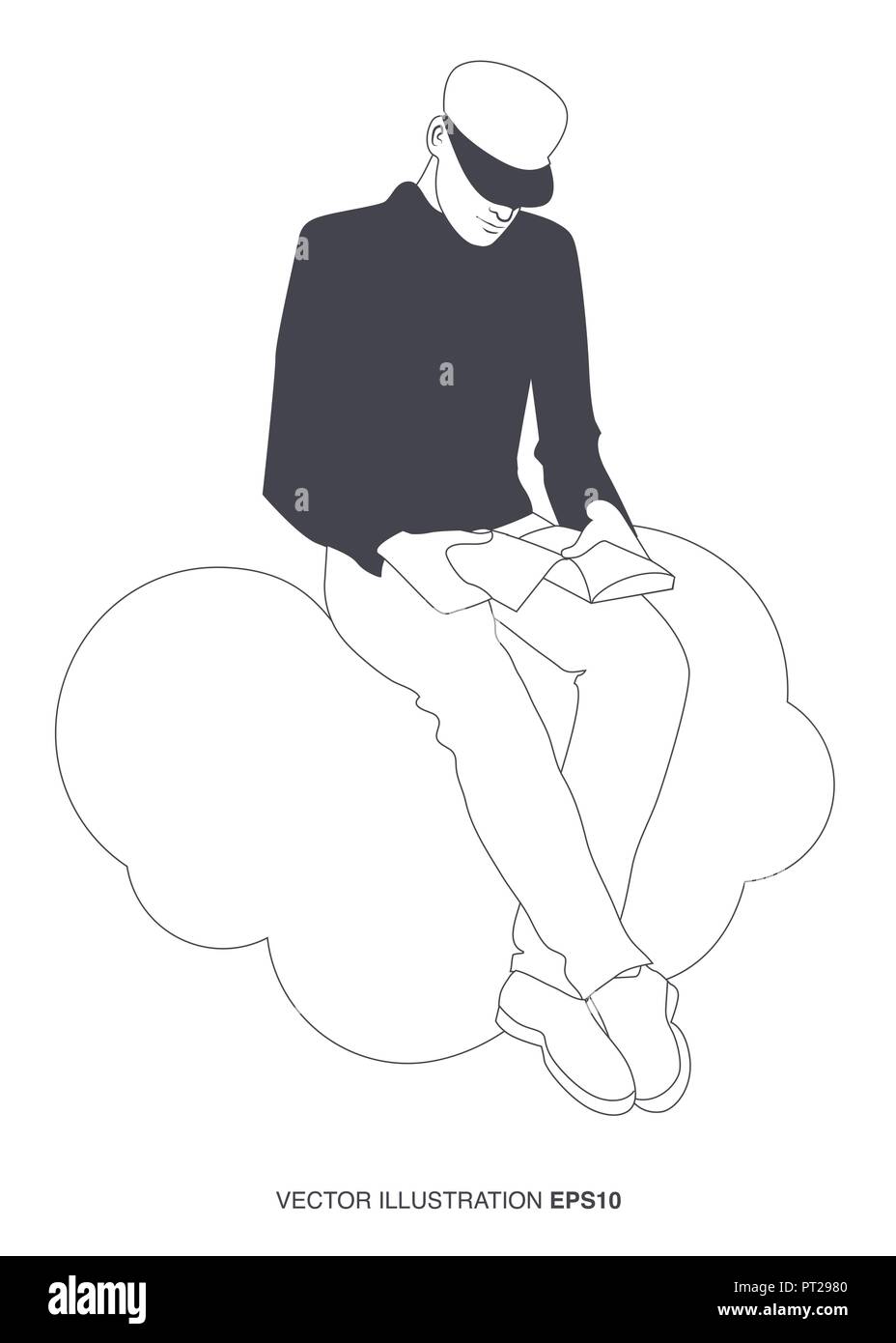 Young man reading sitting on a cloud. Vector illustration Outlines ...