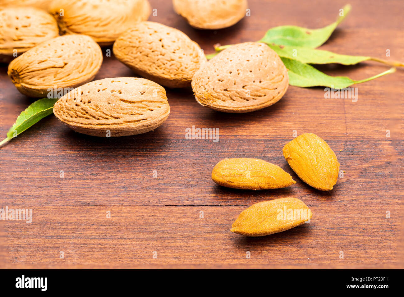 Raw almonds, peeled, with peel, skin (almendrucos) and almond leaves ...