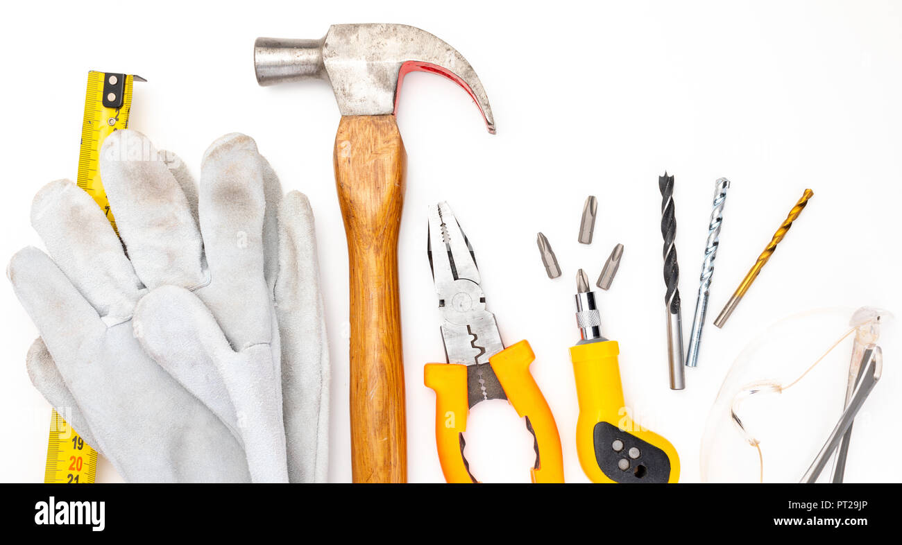 Various construction tools. Isolated on white background. Homemade DIY ...