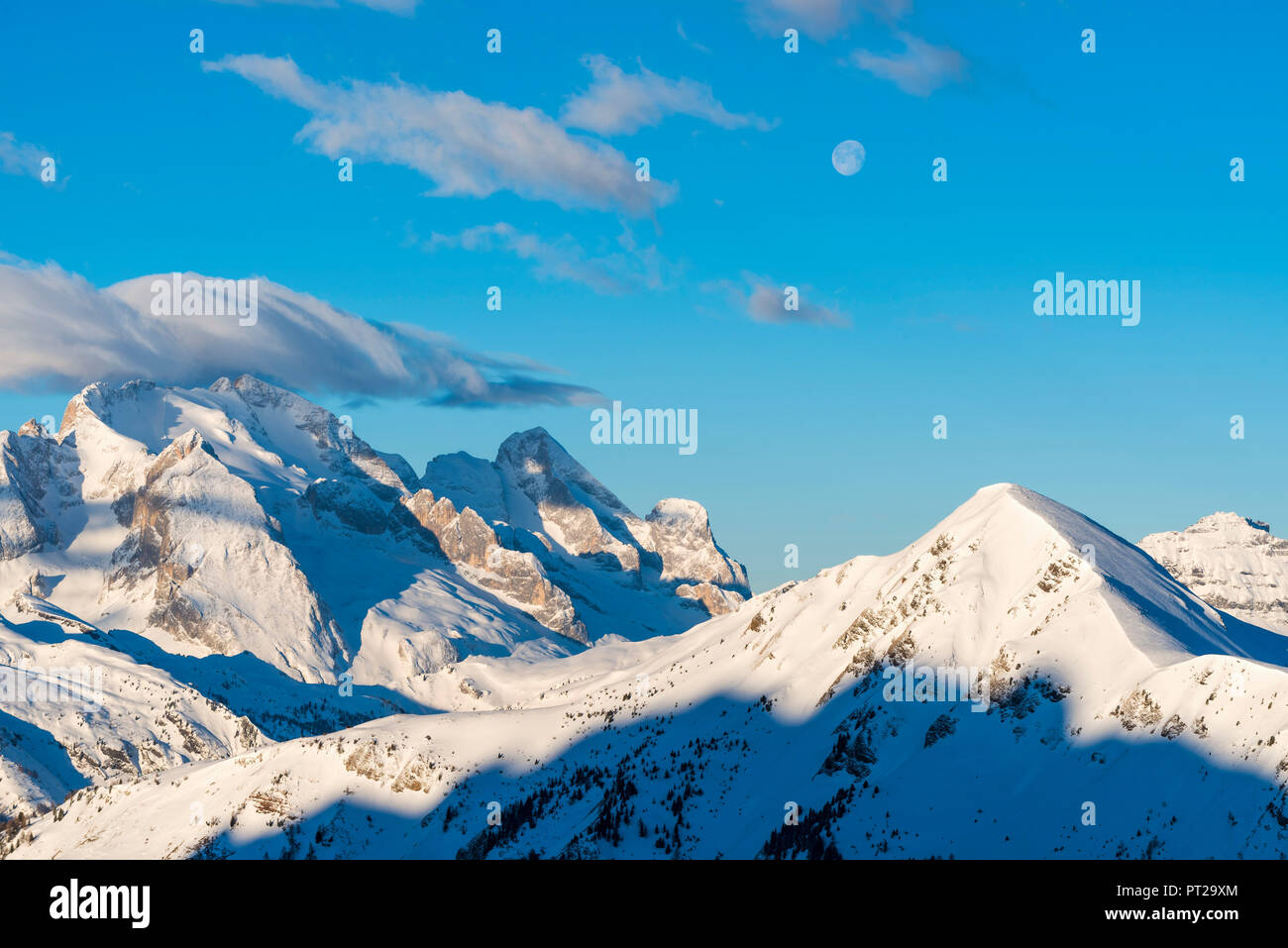 Marmolada and the moon of the day, Europe, Italy, Veneto, Belluno ...