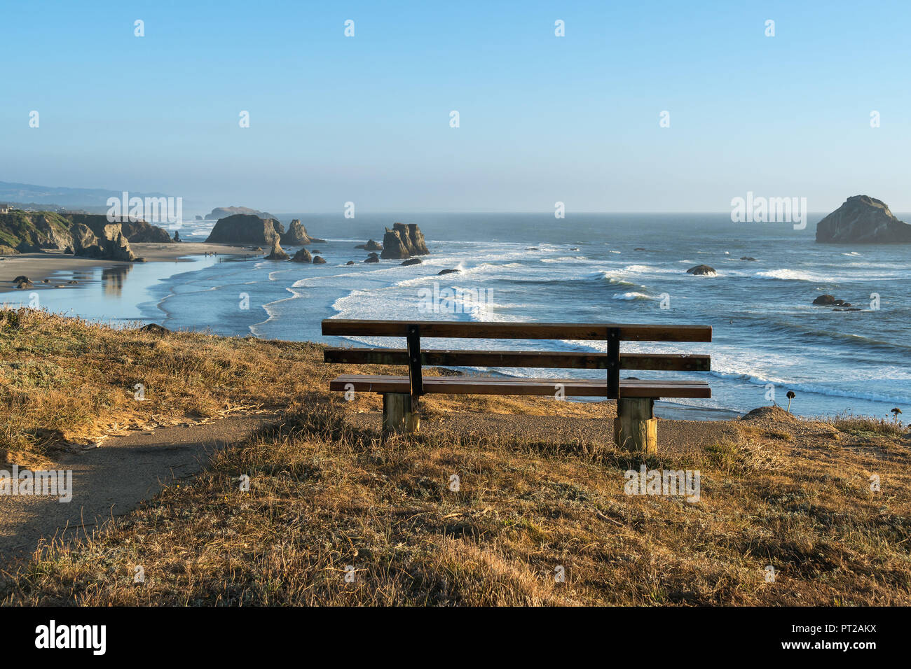 Pacific Coast, Oregon, Bandon, lookout, bench Stock Photo - Alamy