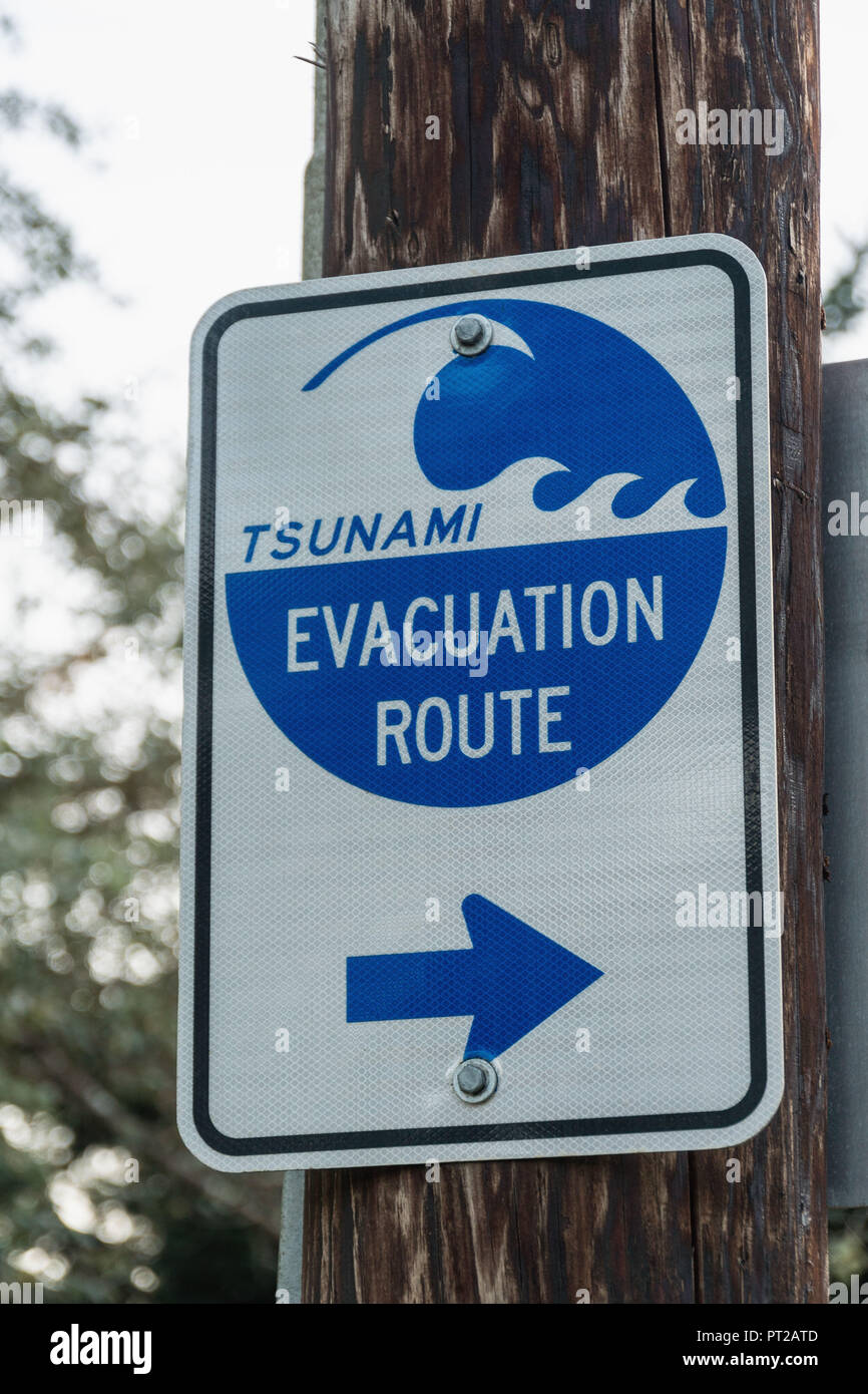 Pacific Coast, Cannon Beach, sign 'Tsunami' Stock Photo - Alamy