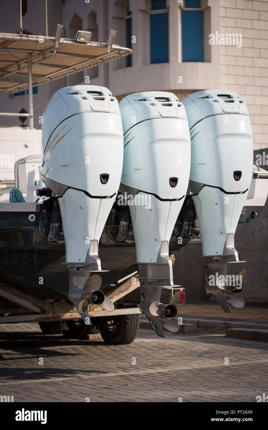 3 September, 2018: Close up of a triple engine speed boat, Docked ...