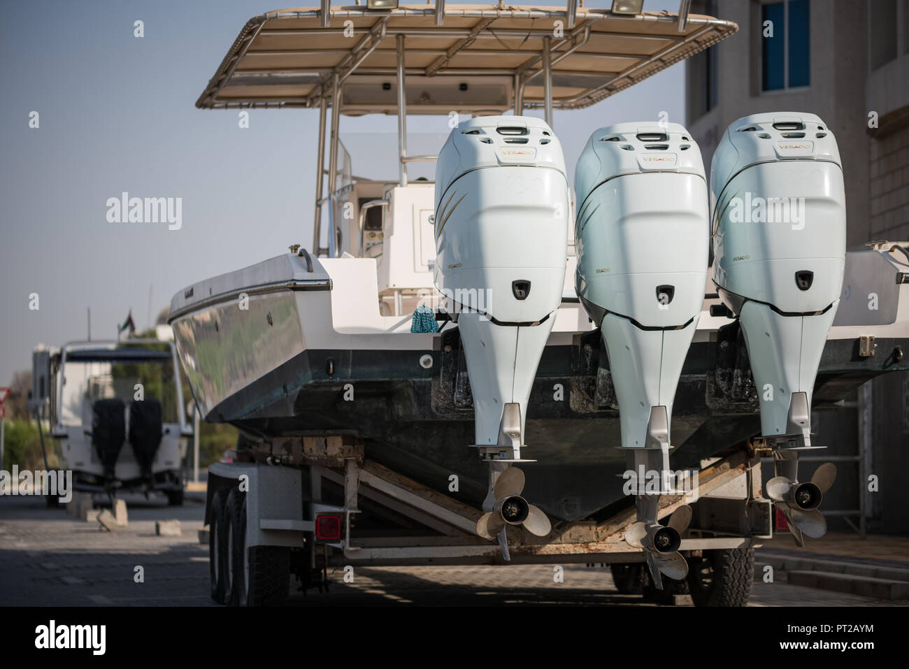 3 September, 2018: Close up of a triple engine speed boat, Docked ...