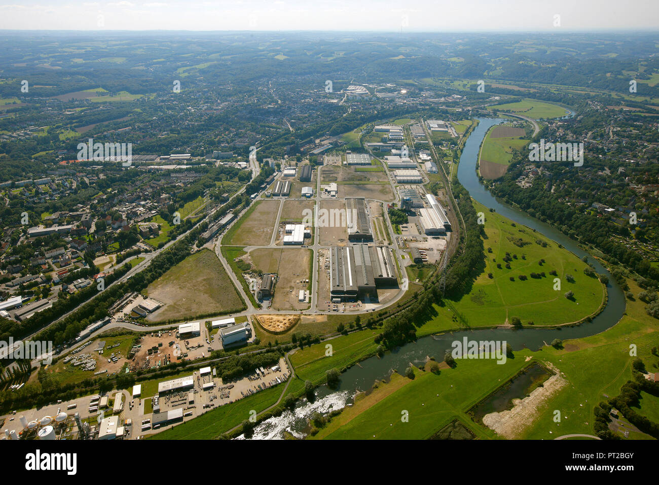 Aerial view, commercial and landscape park Henrichshütte, Bochum, Ruhr ...