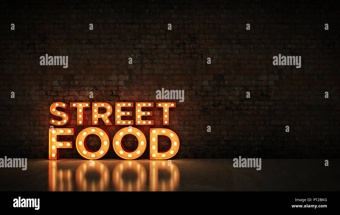 Neon Sign on Brick Wall background - Street food. 3d rendering Stock ...
