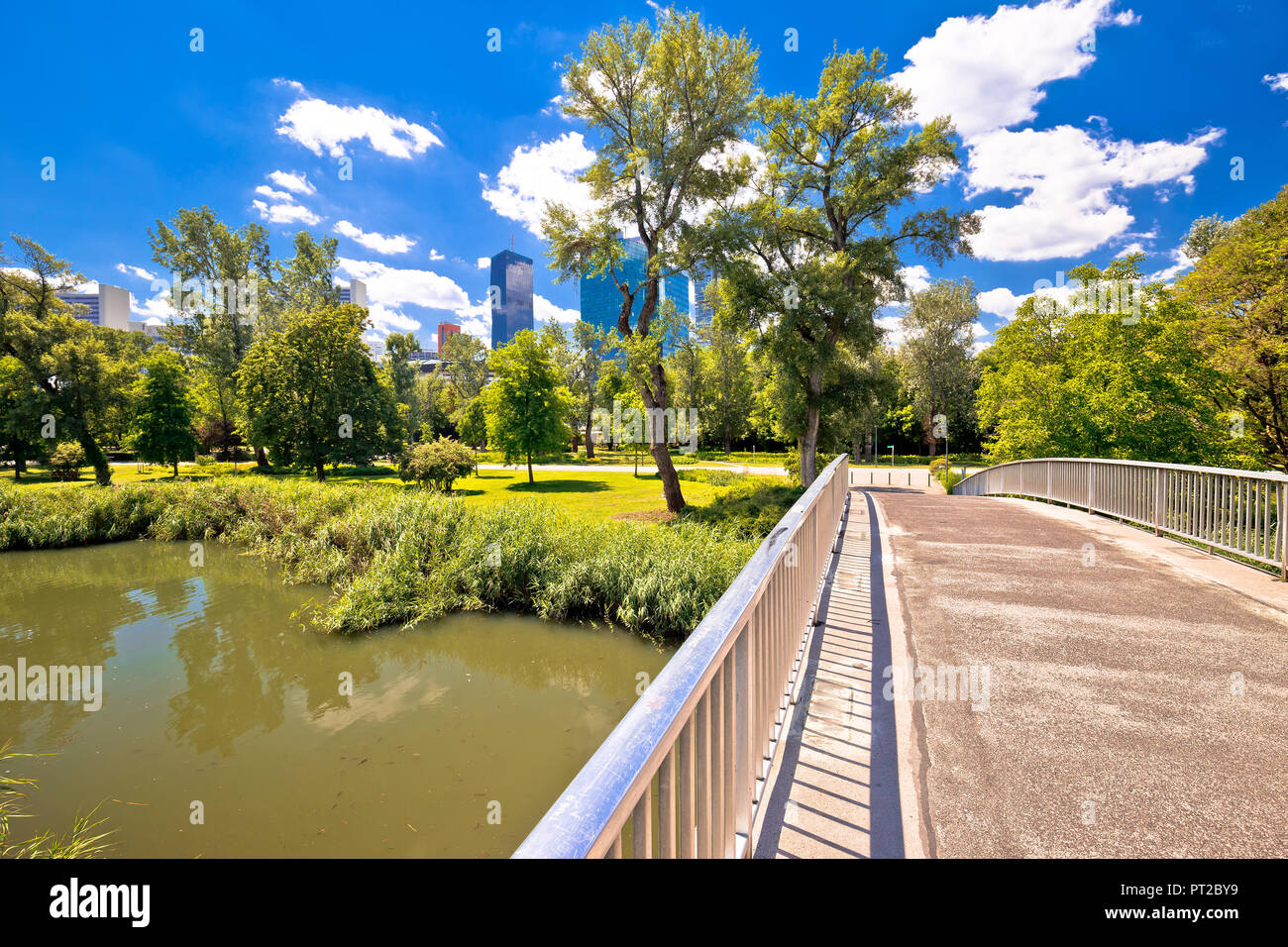 Donaupark lake fountain and Donauturm tower view in Vienna, capital of ...