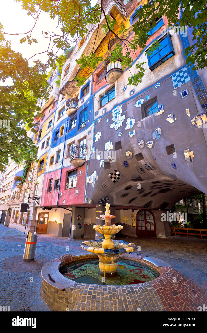 Colorful Hundertwasserhaus square architecture of Vienna view, capital ...