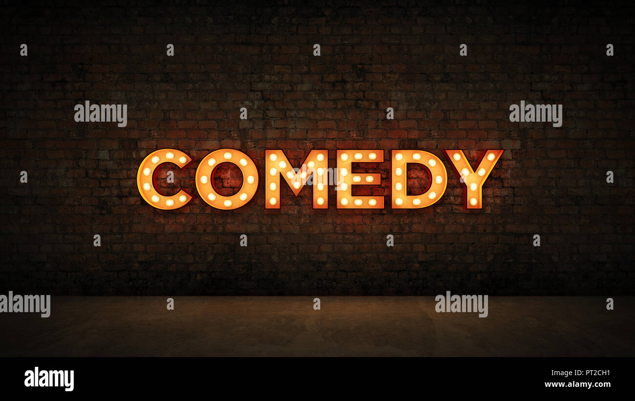 Neon Sign on Brick Wall background - comedy. 3d rendering Stock Photo ...