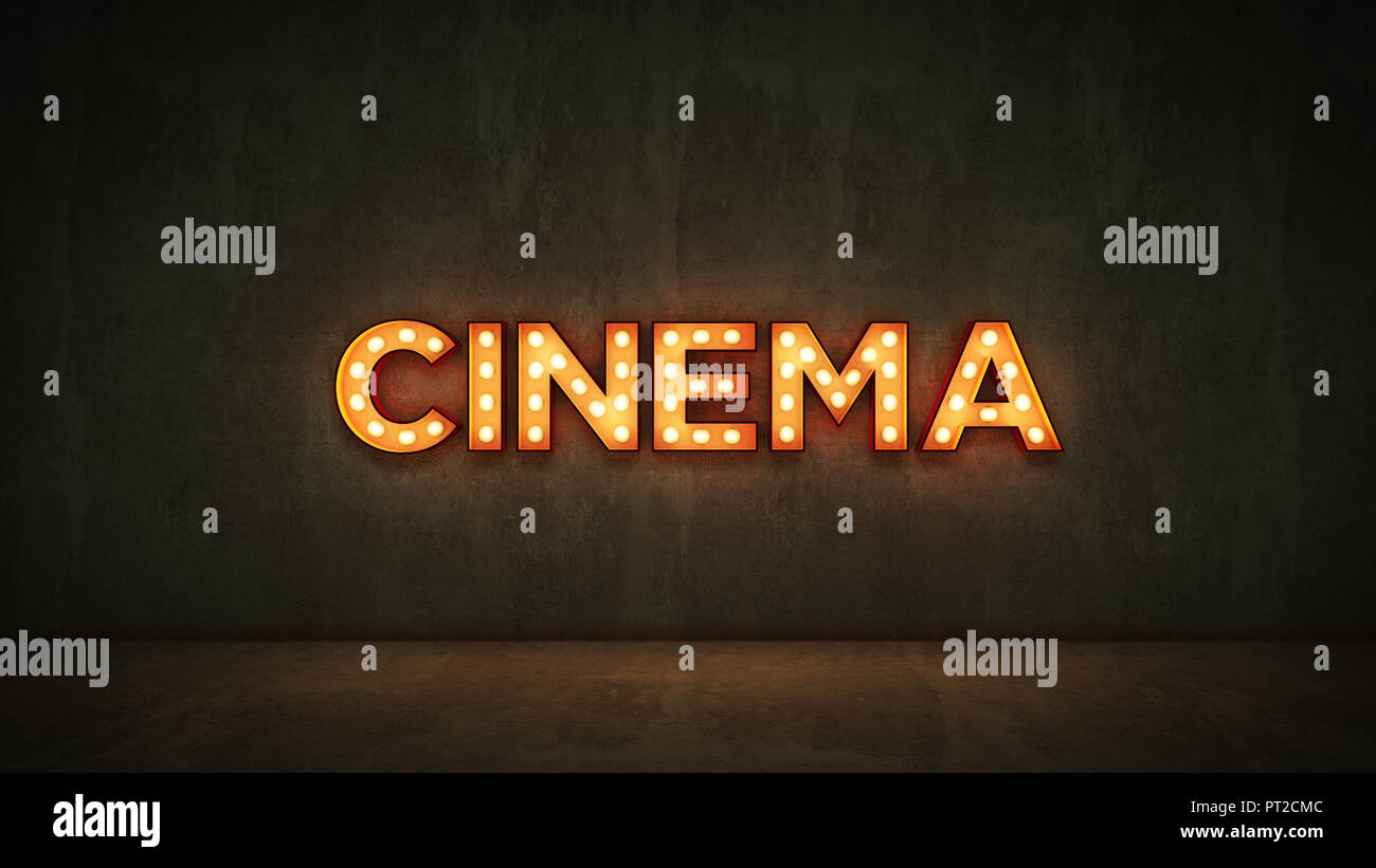 Neon Sign on Brick Wall background - Cinema. 3d rendering Stock Photo ...