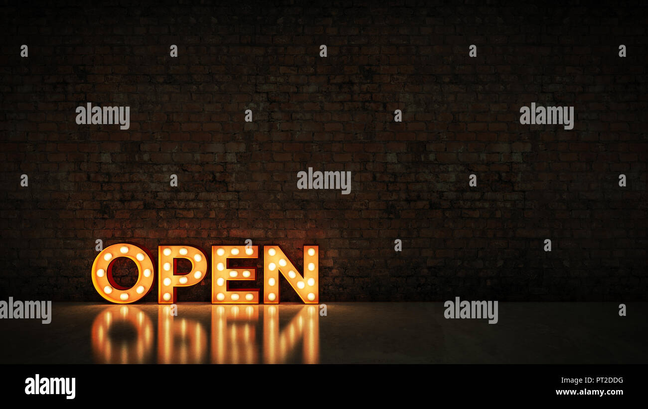 Neon Sign on Brick Wall background - Open. 3d rendering Stock Photo - Alamy