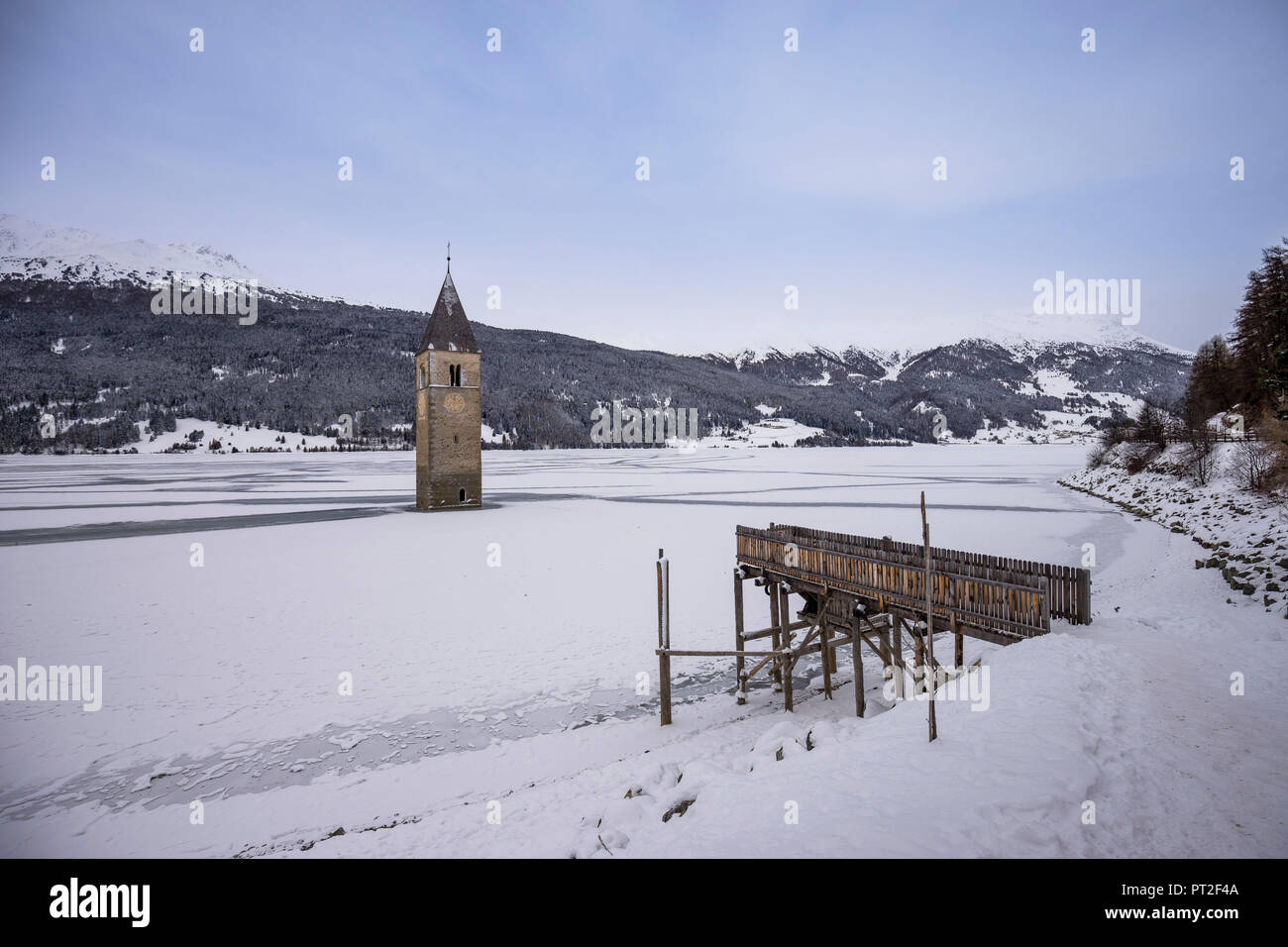 Europe, Italy, South Tyrol, Graun, Reschensee, The frozen church tower ...