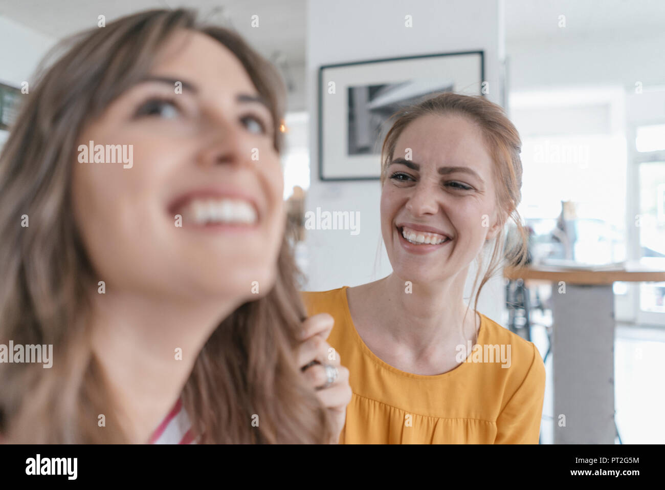 Two girlfriends meeting in a coffee shop, having fun Stock Photo - Alamy
