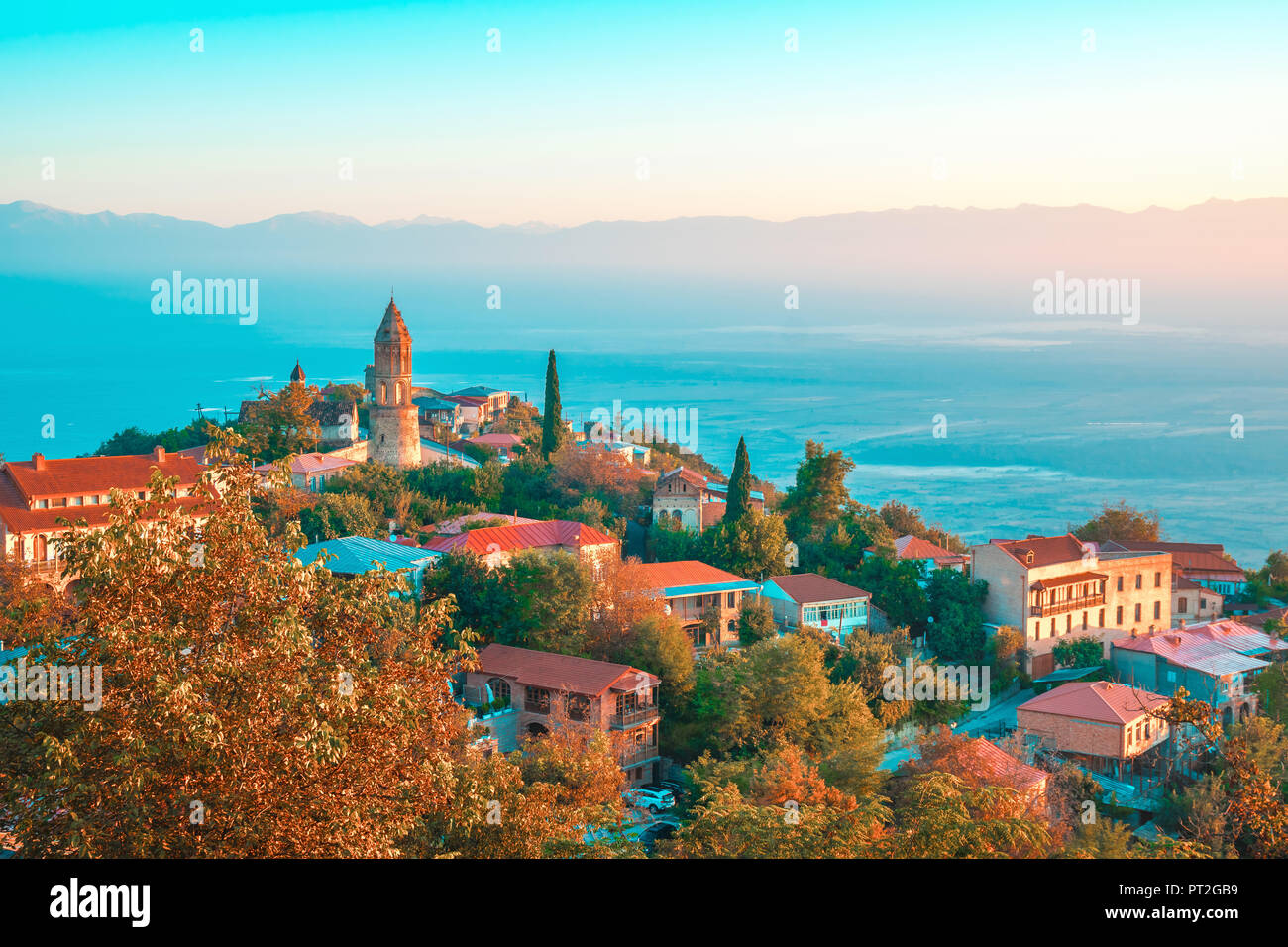 Signagi or Sighnaghi city in Kakheti region in Georgia, sunrise in ...