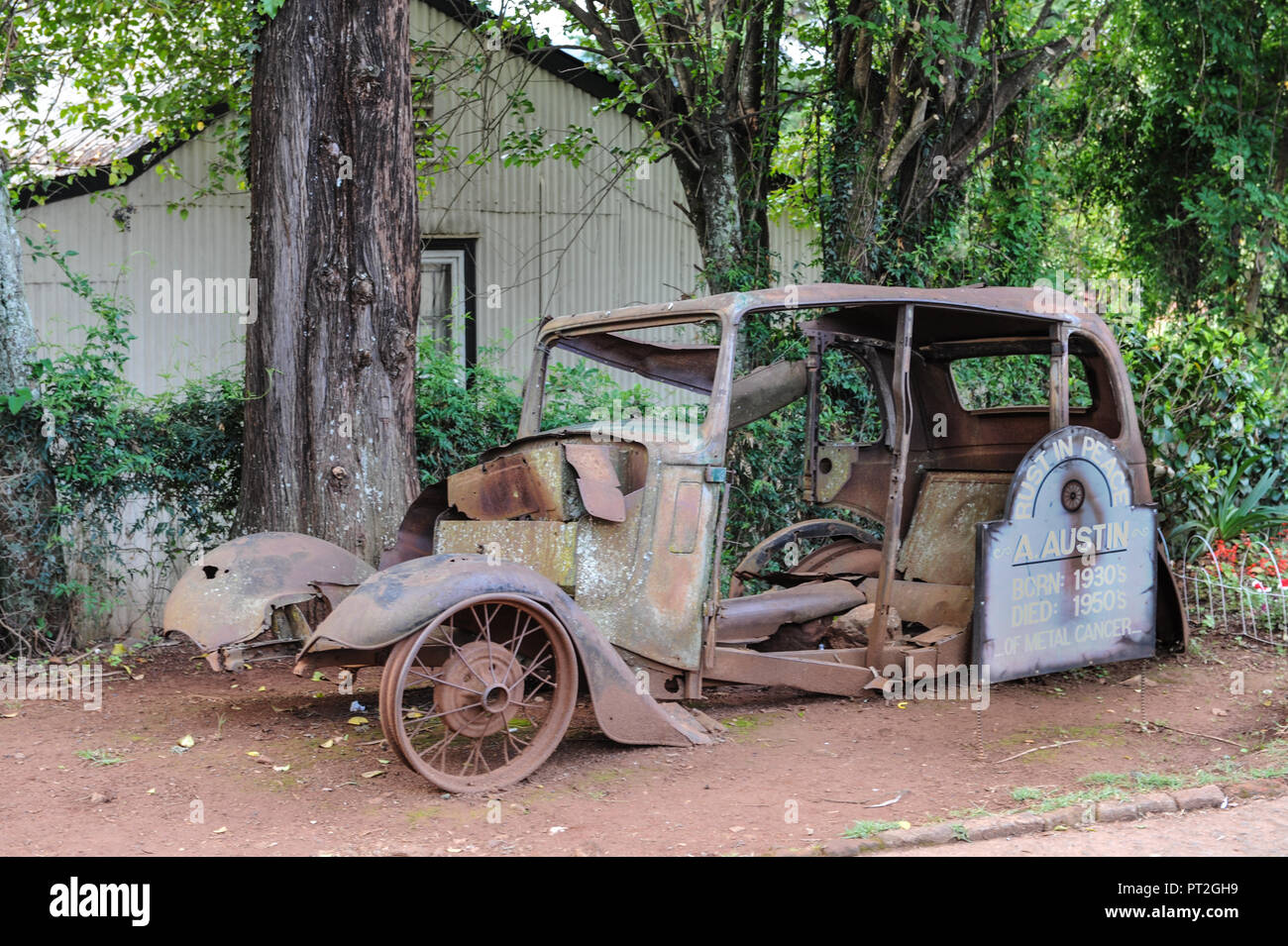 The rusty shell of an old british austin car is on display at the side ...