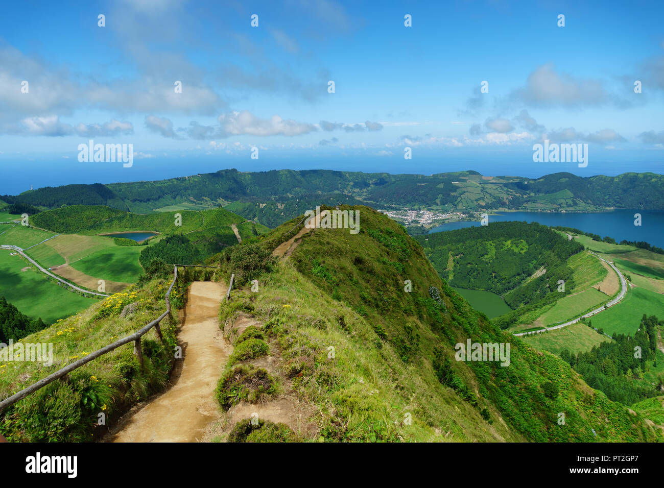 Panoramic landscape from Azores lagoons. The Azores archipelago has ...