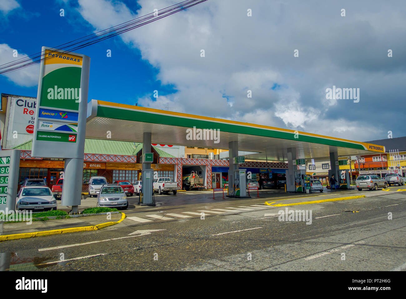 PUERTO VARAS, CHILE, SEPTEMBER, 23, 2018: Outdoor view of gas station ...