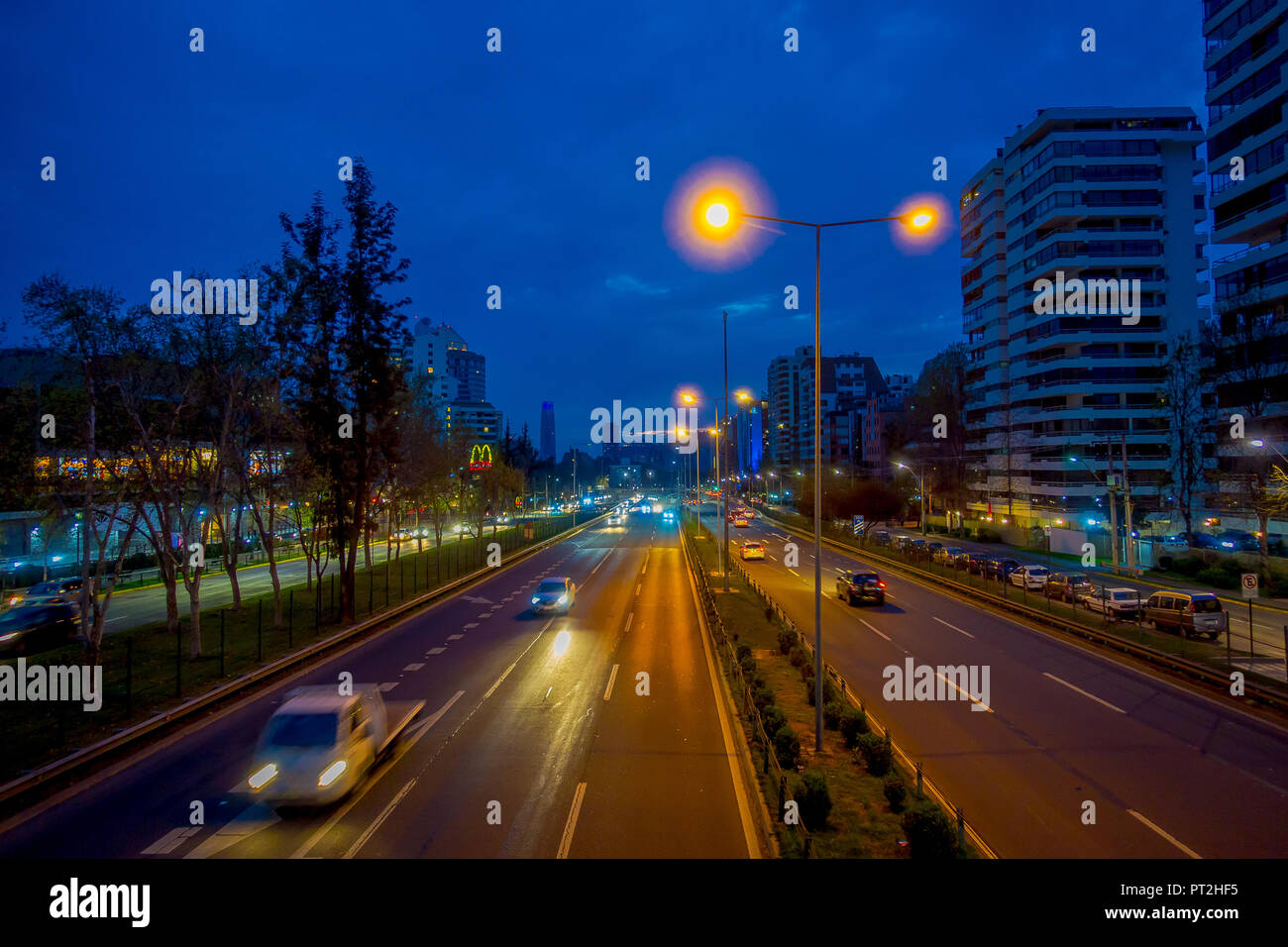 SANTIAGO, CHILE - SEPTEMBER 14, 2018: Above night view of the beautiful ...