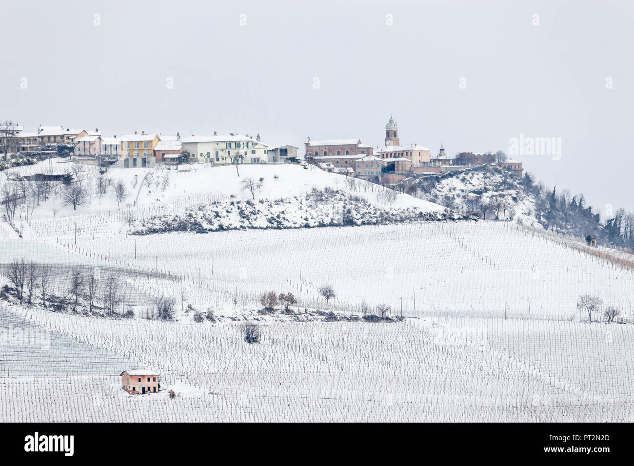 Langhe, Cuneo district, Piedmont, Italy, Langhe wine region winter snow ...