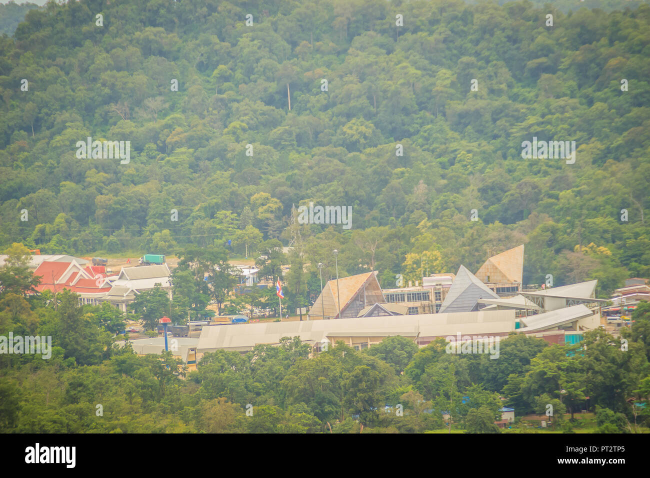 Peaceful forest and mountains over Chong Mek checkpoint terminal, the ...