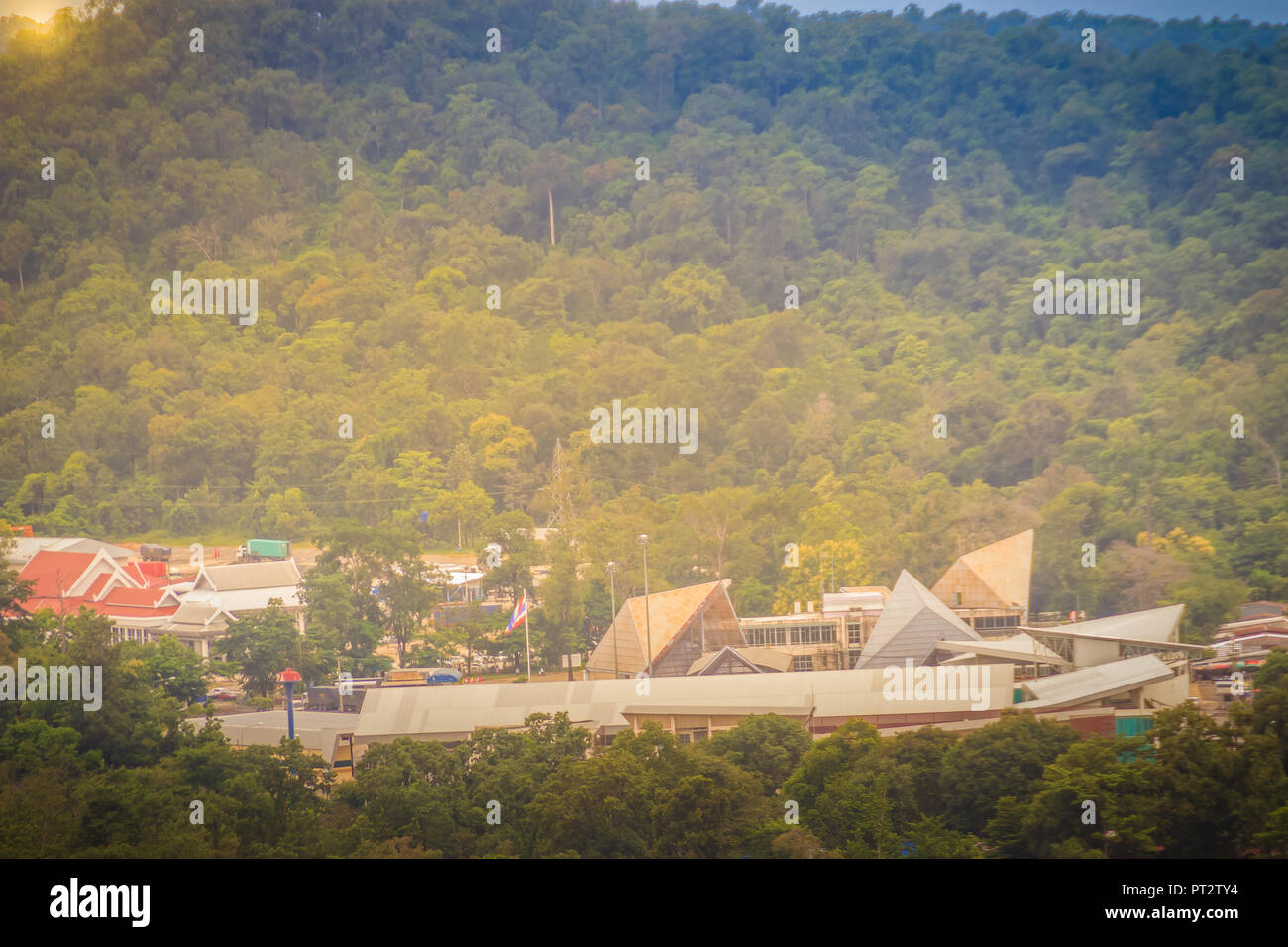 Peaceful forest and mountains over Chong Mek checkpoint terminal, the ...