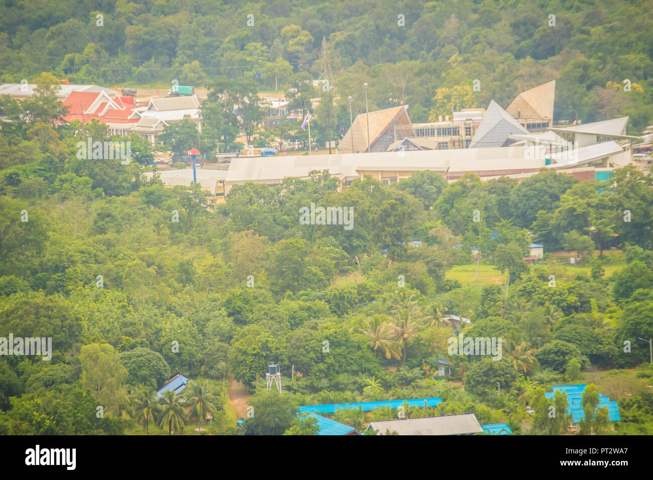 Peaceful forest and mountains over Chong Mek checkpoint terminal, the ...
