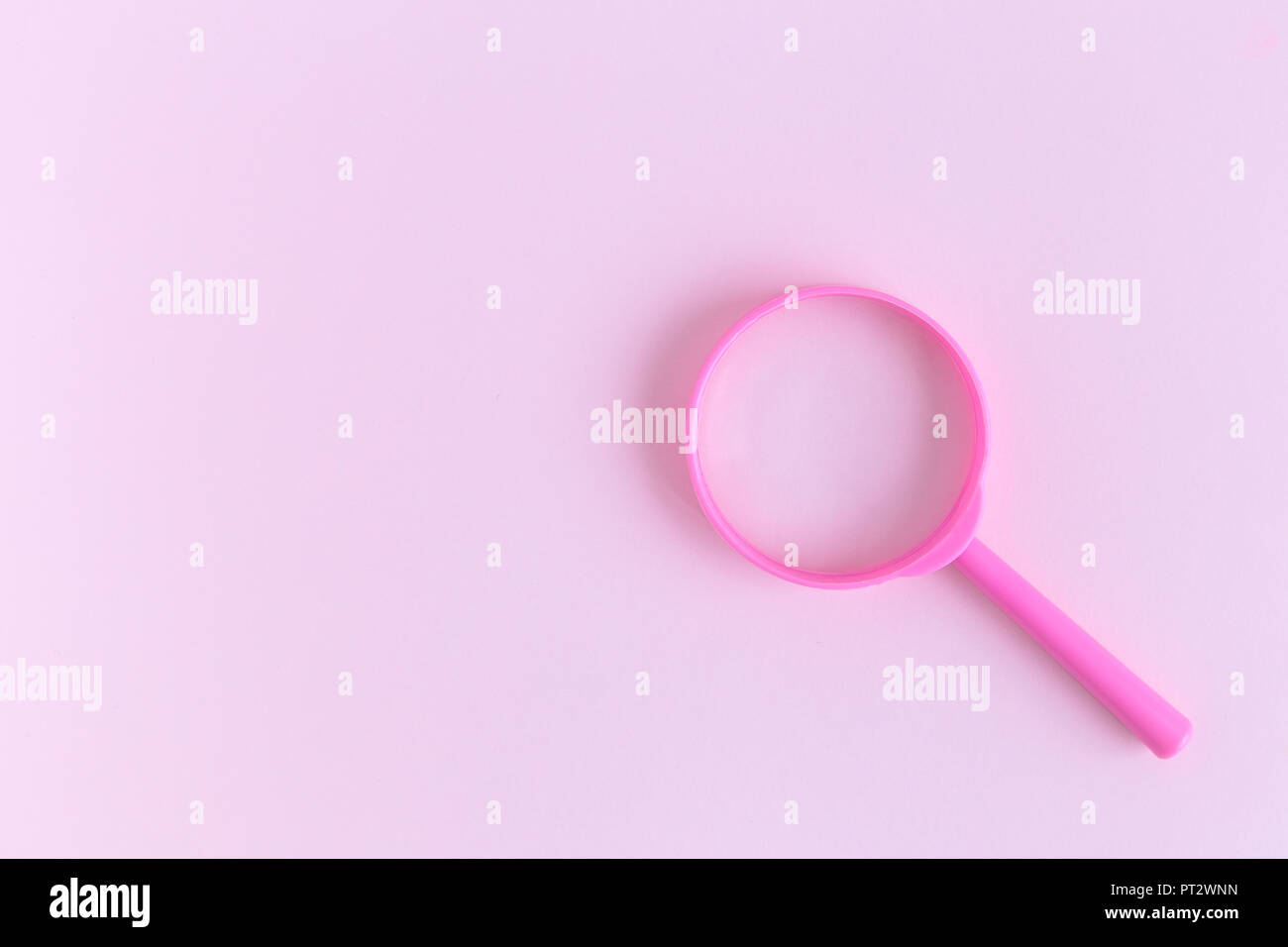 Rose magnifying glass against pastel pink background flat lay minimal ...