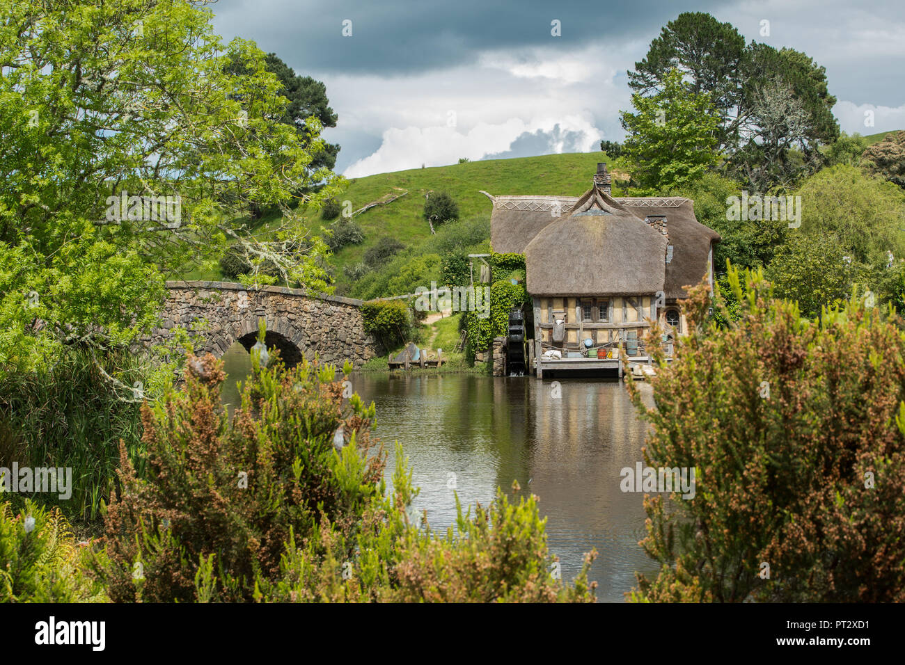 New Zealand, Hobbiton Movie Set, Landscape, Bridge, House Stock Photo ...