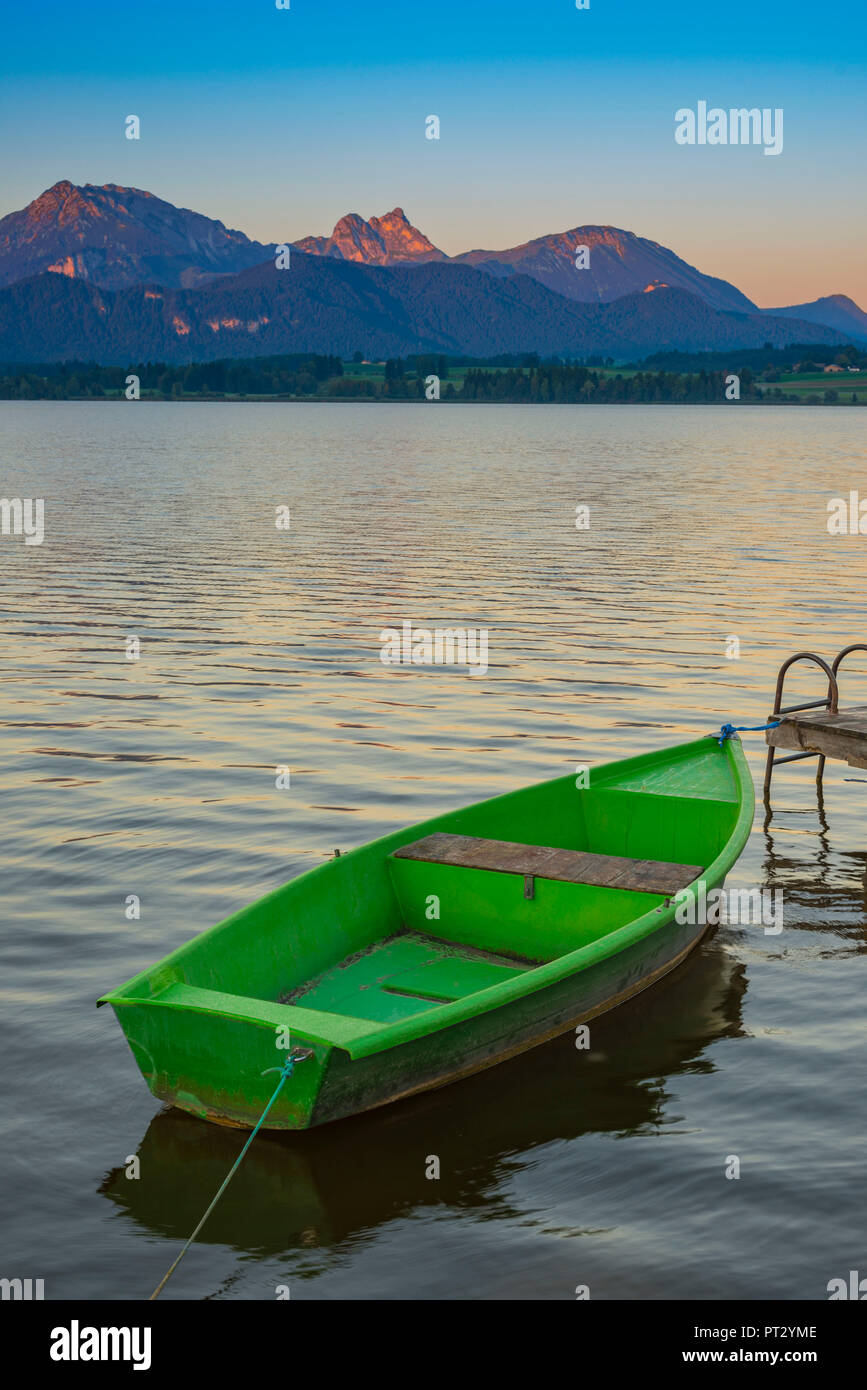 Green rowboat, Hopfensee, Hopfen am See, near Füssen, Ostallgäu, Allgäu ...
