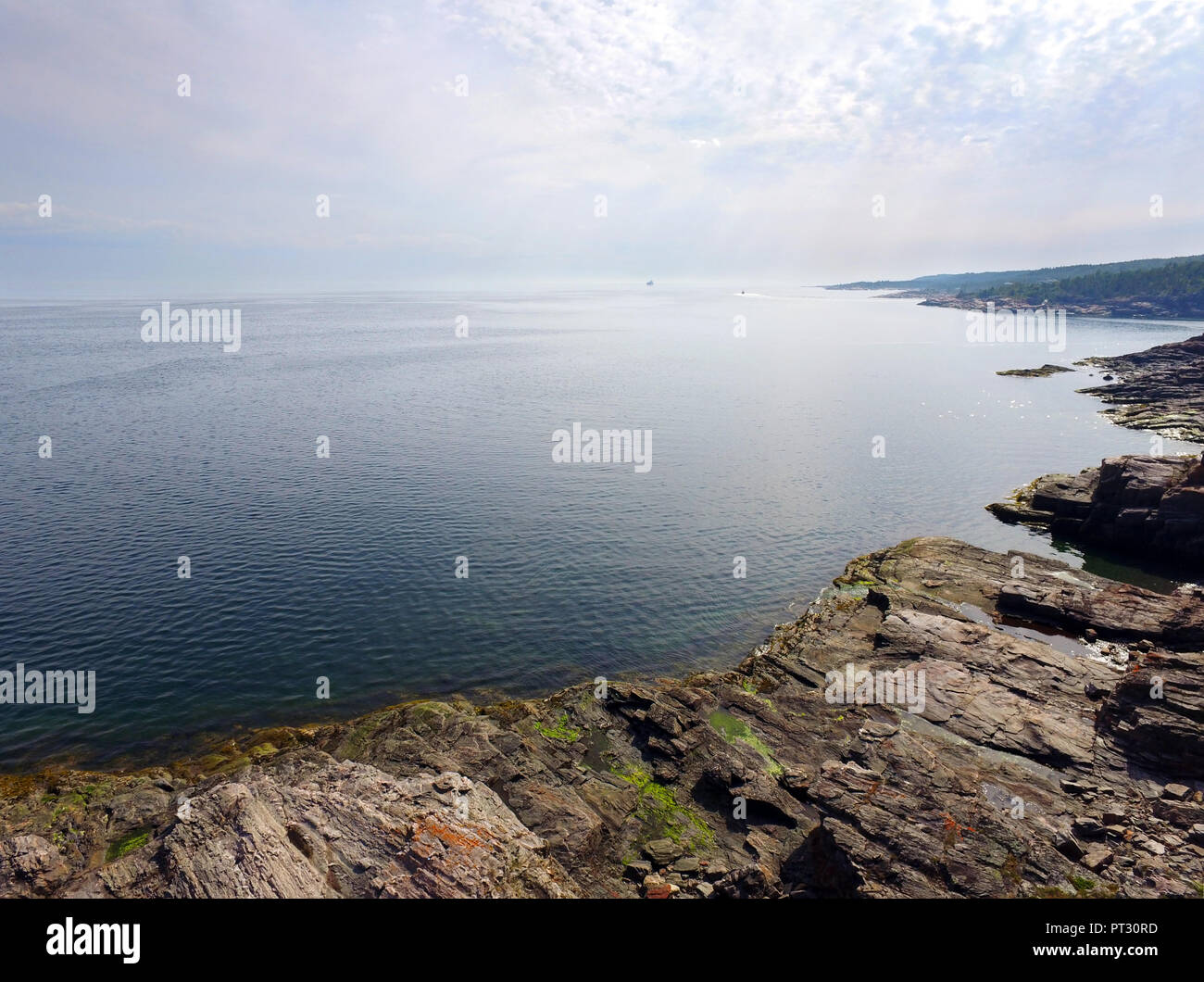 Aerial view of rugged coastline, St.Lawrence river, Quebec, Canada ...