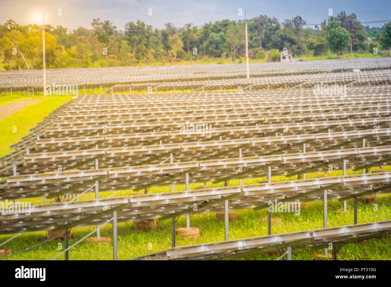 Large scale solar farm, mega photovoltaic power plant in green grass ...