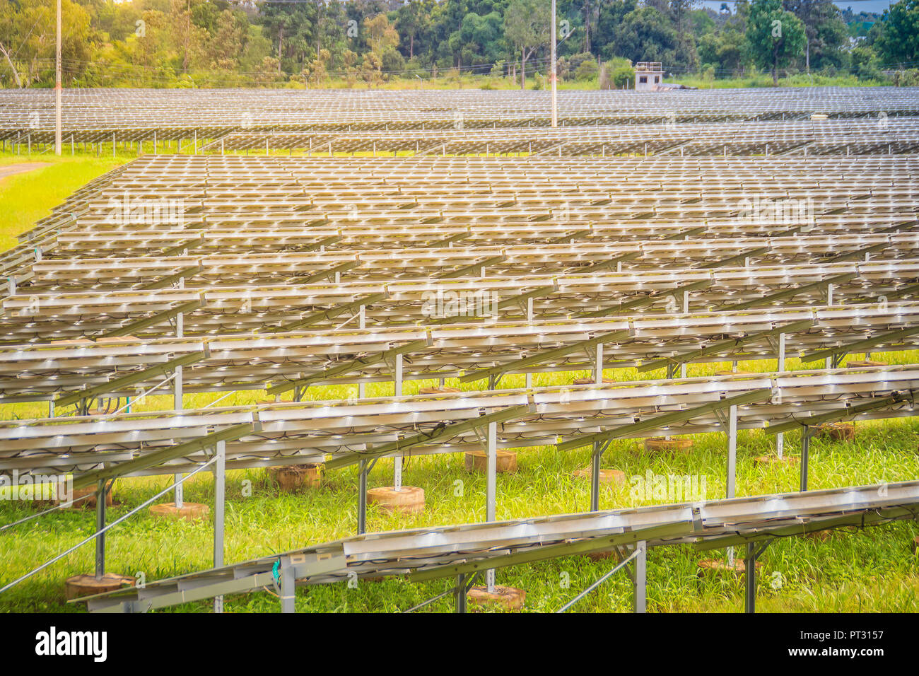 Large scale solar farm, mega photovoltaic power plant in green grass ...